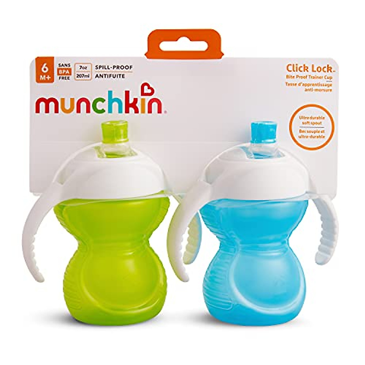 Munchkin® Click Lock™ Bite Proof Trainer Cup, 7 Ounce, 2 Pack, Blue/Green