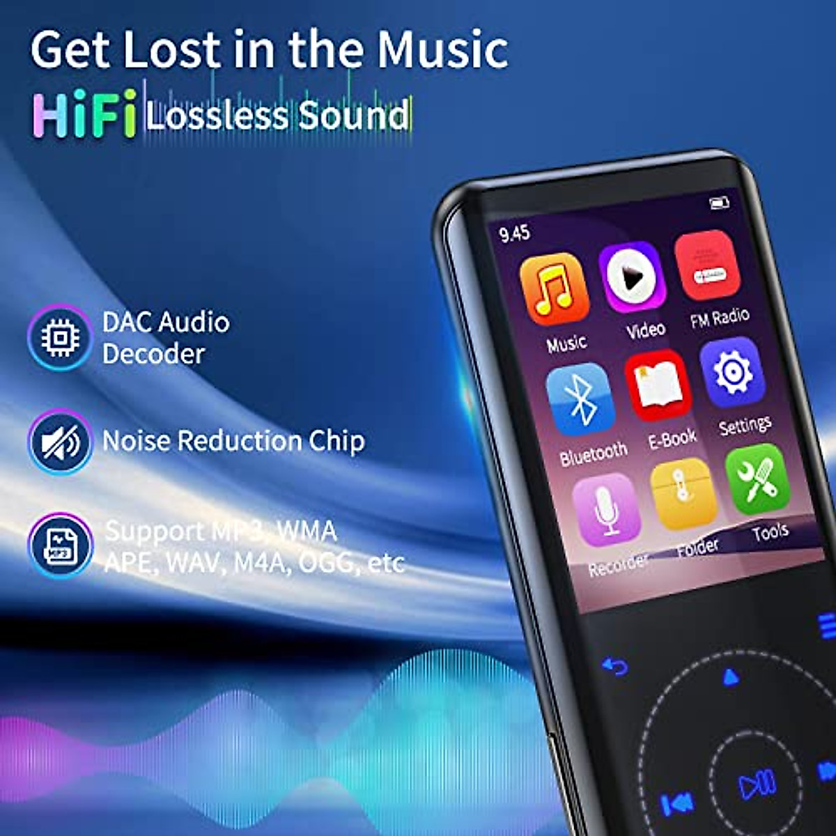 RUIZU 64GB MP3 Player with Bluetooth 5.3: Portable Music Player with Speaker, FM Radio, Voice Recorder, HiFi Lossless Digital Audio Video Playback, 2.4" Curved Screen, Touch Buttons, Supports 128GB