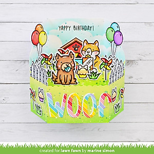 Lawn Fawn Yappy Birthday 4"x6" Clear Stamp Set, Coordinating Die Set, Carnora Storage Pocket, Bundle of 3 Items