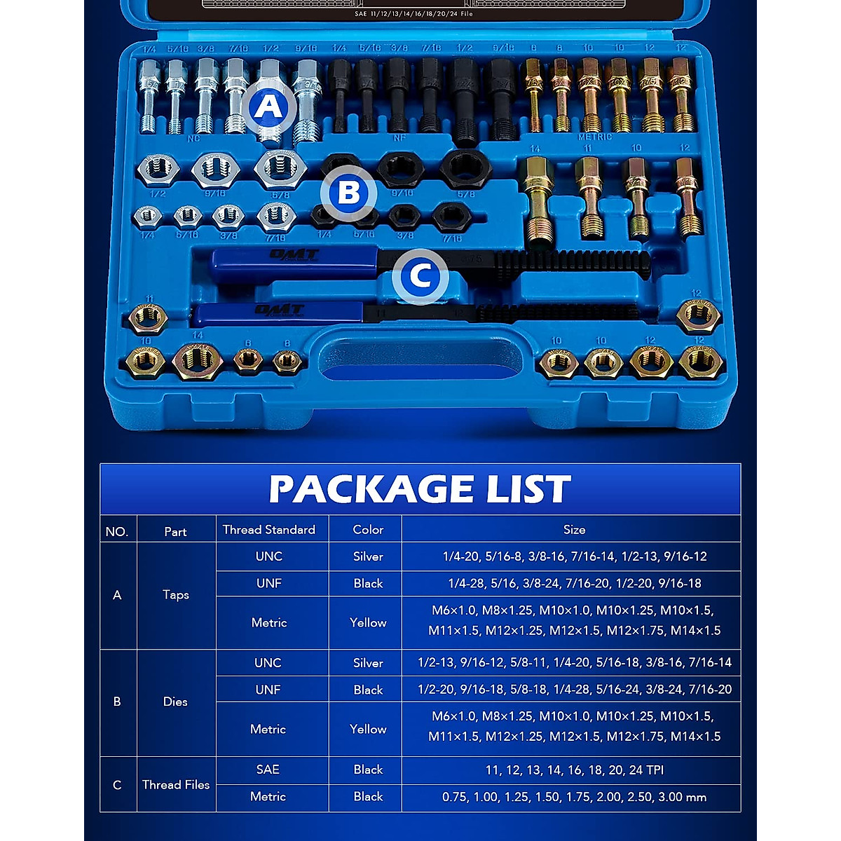 Orion Motor Tech 48 Piece Thread Chaser Set, Metric and SAE Thread Repair Kit with 22 Taps 24 Dies 2 Thread Files, Universal Rethreading Kit Thread Restorer Tool Set in UNC UNF Metric Sizes with Case