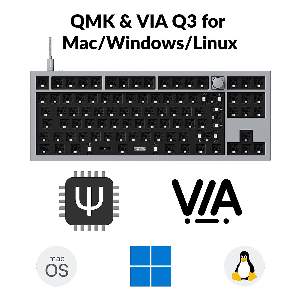 Keychron Q3 TKL Layout RGB Hot-Swappable Wired Custom Mechanical Keyboard Full Aluminum Knob ISO Barebone Version, with QMK/VIA Programmable Macro Double-Gasket DIY Kit for Mac Windows Linux-Grey