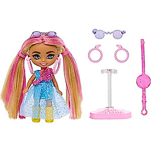 Barbie Extra Mini Minis Doll with Pink-Streaked Blonde Pigtails Wearing Blue Dress & Accessories & Stand, 3.25-inch