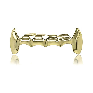 24K Gold Plated Grillz Bottom Vampire Fangs Grill Hip Hop Teeth Caps + Extra Molding Bars + Microfiber Cloth