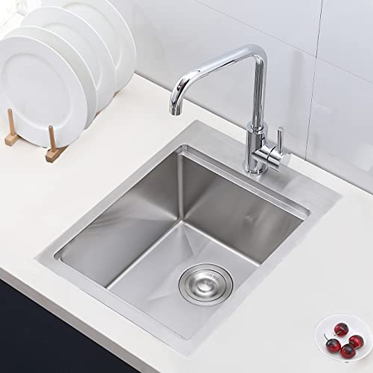 UFaucet 15x20 Drop in Bar Sink Top Mount Stainless Steel Wet Bar Sink 15 Inch Topmount Handmade Modern Commercial Small Kitchen Sink Single Bowl Workstation Prep Sink with Grid&Strainer&Cutting Board