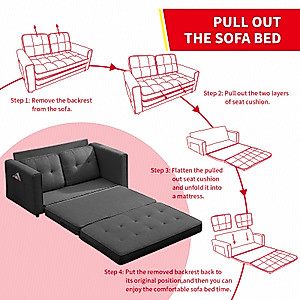 MUZZ Pull Out Couch with 2 Side Pockets, 55" W Upholstered Loveseat, 2 in 1 Futon Sleeper Couch, Gaming Floor Couch Bed for Living Room, Bedroom, Play Room(Dark Grey)