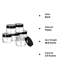 6 Pack Plastic Pot Jars Round Clear Leak Proof Plastic Container Jars with Lid for Travel Storage, Eye Shadow, Nails, Paint, Jewelry (2 oz, Black)