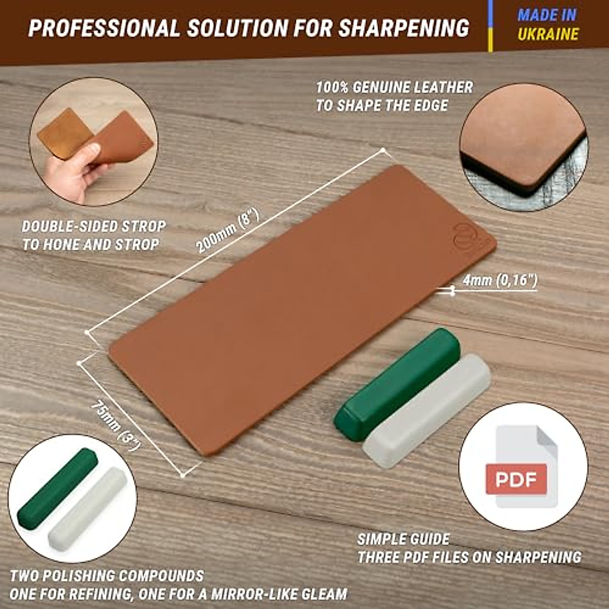BeaverCraft Leather Strop Kit for Knife Sharpening Carving Knife Strop with Green-Gray & White Polishing Compound - Leather Sharpening Strop 2-sided 3 x 8 IN, Leather Honing Strop Block LS2P11