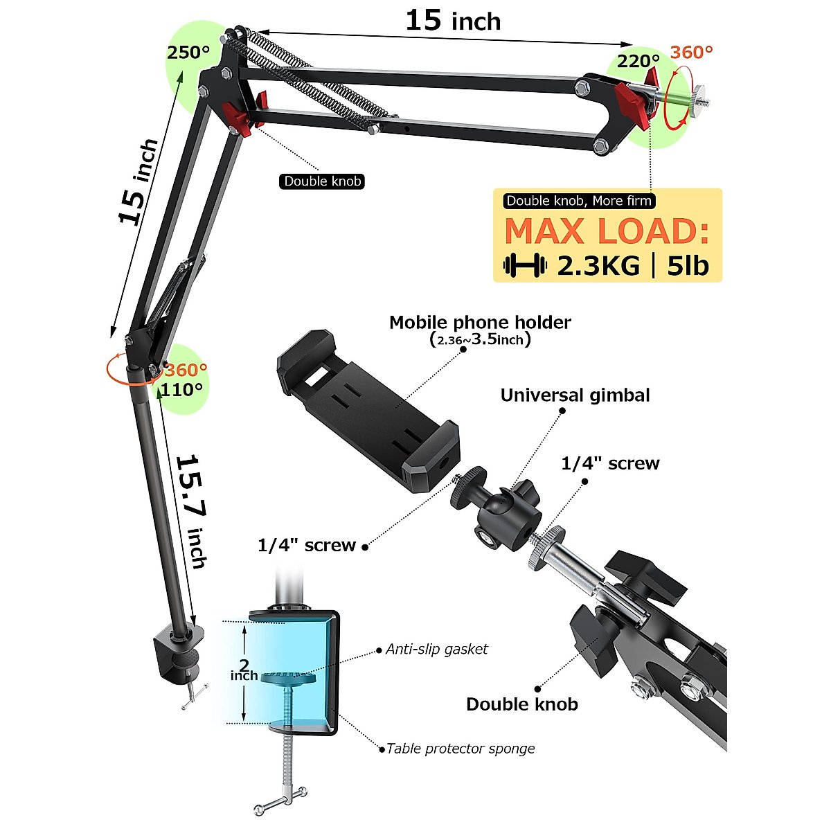 CACENCAN Overhead Camera Mount, 5lb Horizontal Load-Bearing, 360° Adjustable Camera Stand for Desk, Flexible Camera Arm Desk Mount, with Phone Clamp, Tabletop Mount for DSLR Camera/Webcam/Microphone