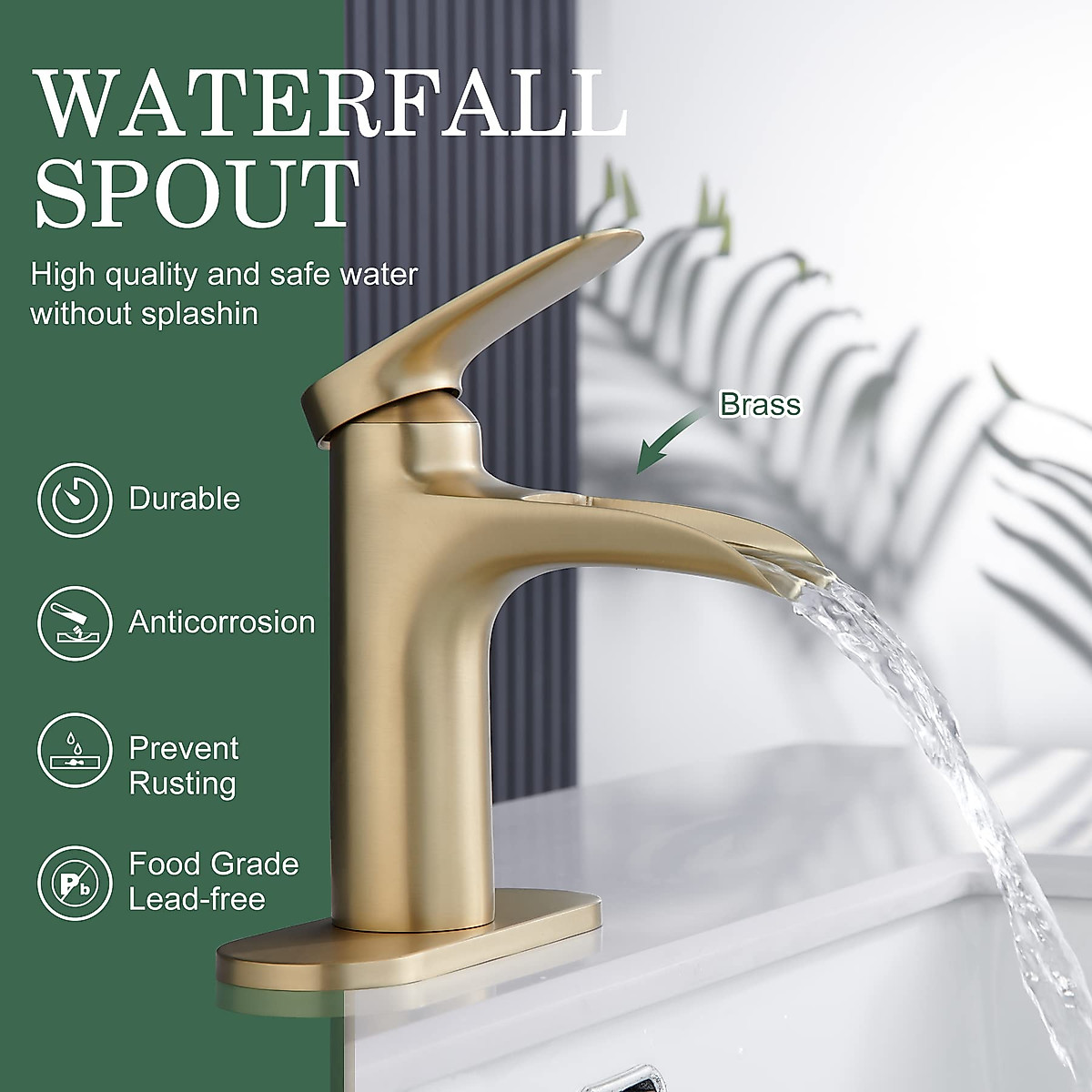 Gold Bathroom Faucets, Single Hole Bathroom Faucets Brushed Gold, Waterfall Faucet for Bathroom Sink Brass Bathroom Faucet with Pop Up Drain RV Faucet YardMonet