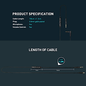 Aux Cord 3.5mm 1.5m/4.9ft with Mic and Volume Control Audio Cable to Connect Gaming Headphones with Xbox/PlayStation, Male to Male Replacement Cord for Music and Voice Streaming for Mobile Phones