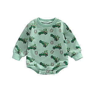 Lamuusaa Newborn Baby Girl Boy St. Patricks Day Outfit Green Clover Romper Sweatshirt Oversized Shirts Spring Clothes (Green Car, 0-3 Months)