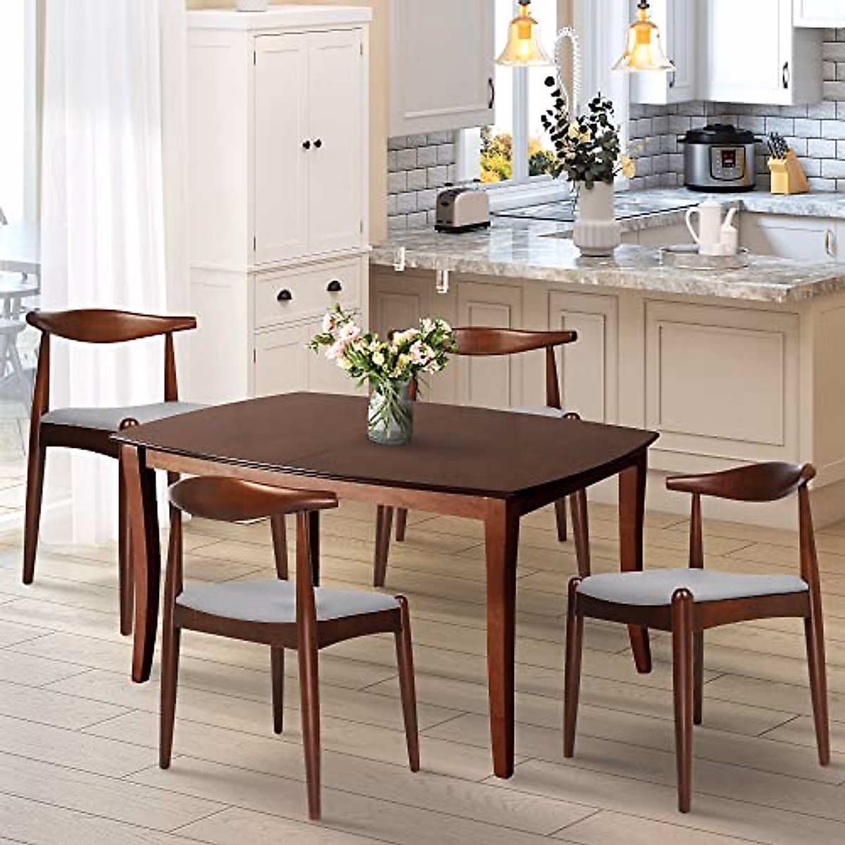 Koreyosh Mid-Century Side Modern Dining Chairs with Faux Leather Seat & Curved Backrest Low-Back Chair with Walnut Finish Dining Chairs in Light Grey/Walnut, Set of 4