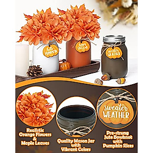 Nefelibata Fall Mason Jar Floral Arrangement Table Centerpiece with Faux Maple Leaves Pumpkins Slices Autumn Farmhouse Decor Tiered Tray Happy Fall Y'all Home Ornaments Set of 3 Orange-White-Brown