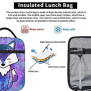 FREE LION Cute Fox Insulated Lunch Bag Blue Purple Pink Galaxy Lunch Box Reusable Lunch Tote Bento for Office Work School Picnic Beach, Leakproof Freezable Cooler Bag for Men Women Teens Kids