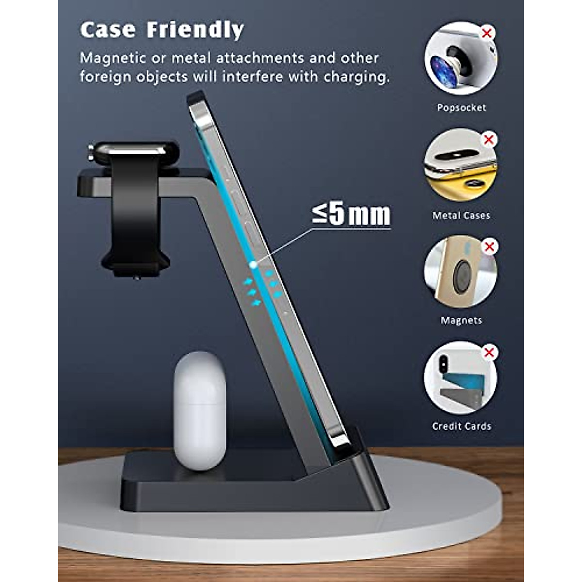 Wireless Charging Station,Wireless Charger Compatible with iPhone 14 Pro Max/13/12/11/X/8 Plus, 3 in 1 Fast Charging Stand Dock for Airpods 1/2/Pro, Apple Watch Series(with Adapter)