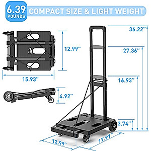 Ronlap Folding Hand Truck, Portable Dolly Cart Foldable Lightweight, 4 Wheels Push Cart Dolly for Moving, 265lbs Heavy Duty Moving Dollys with Wheels, Small Platform Hand Cart with 2 Ropes, Black