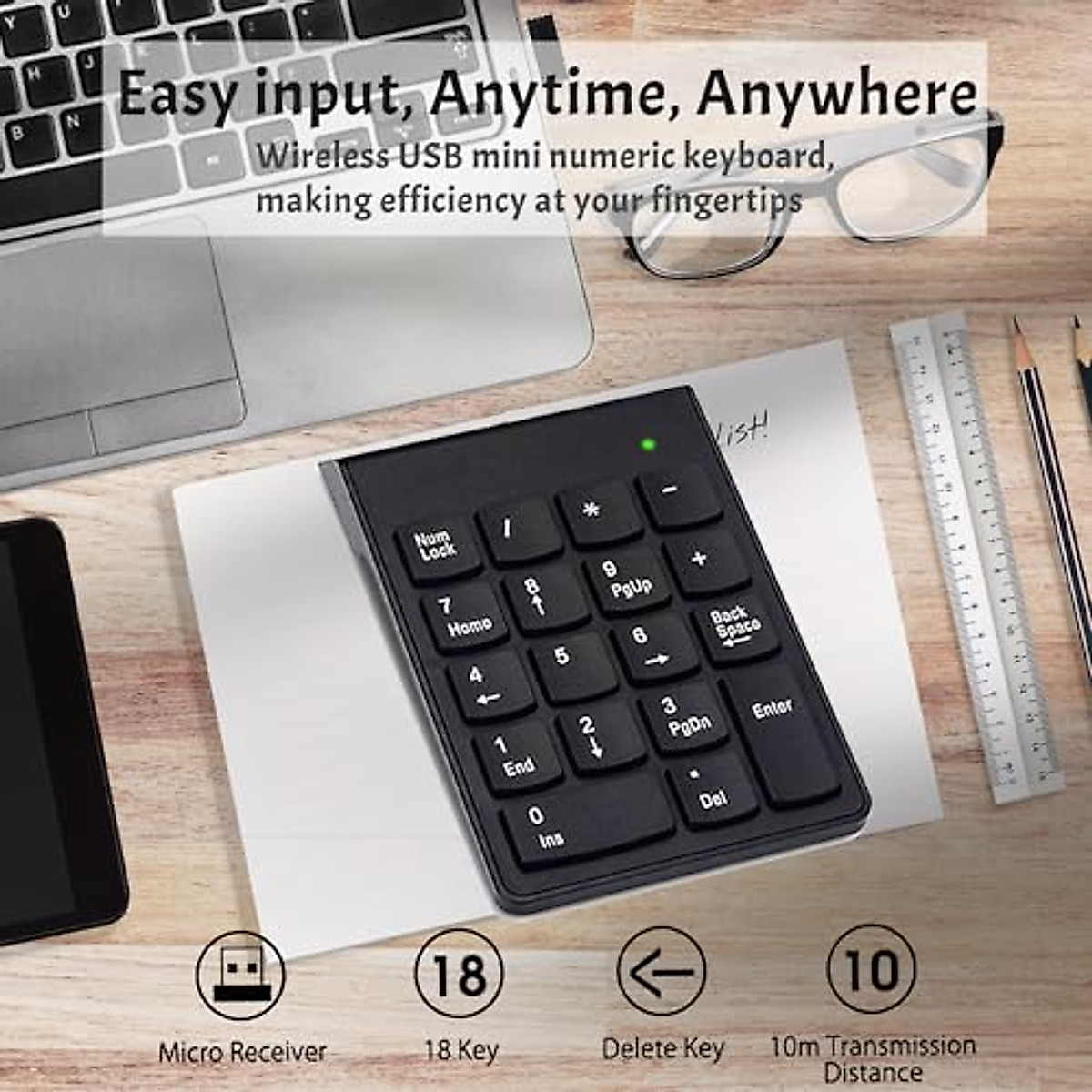 TATMOHIK Number Pad Wireless Numeric Keypad Numpad 10 Keys with a 2.4GHz USB Receiver,Portable and Upgraded 10-Key Financial Accounting Numeric Pad for Laptop PC Computer Notebook