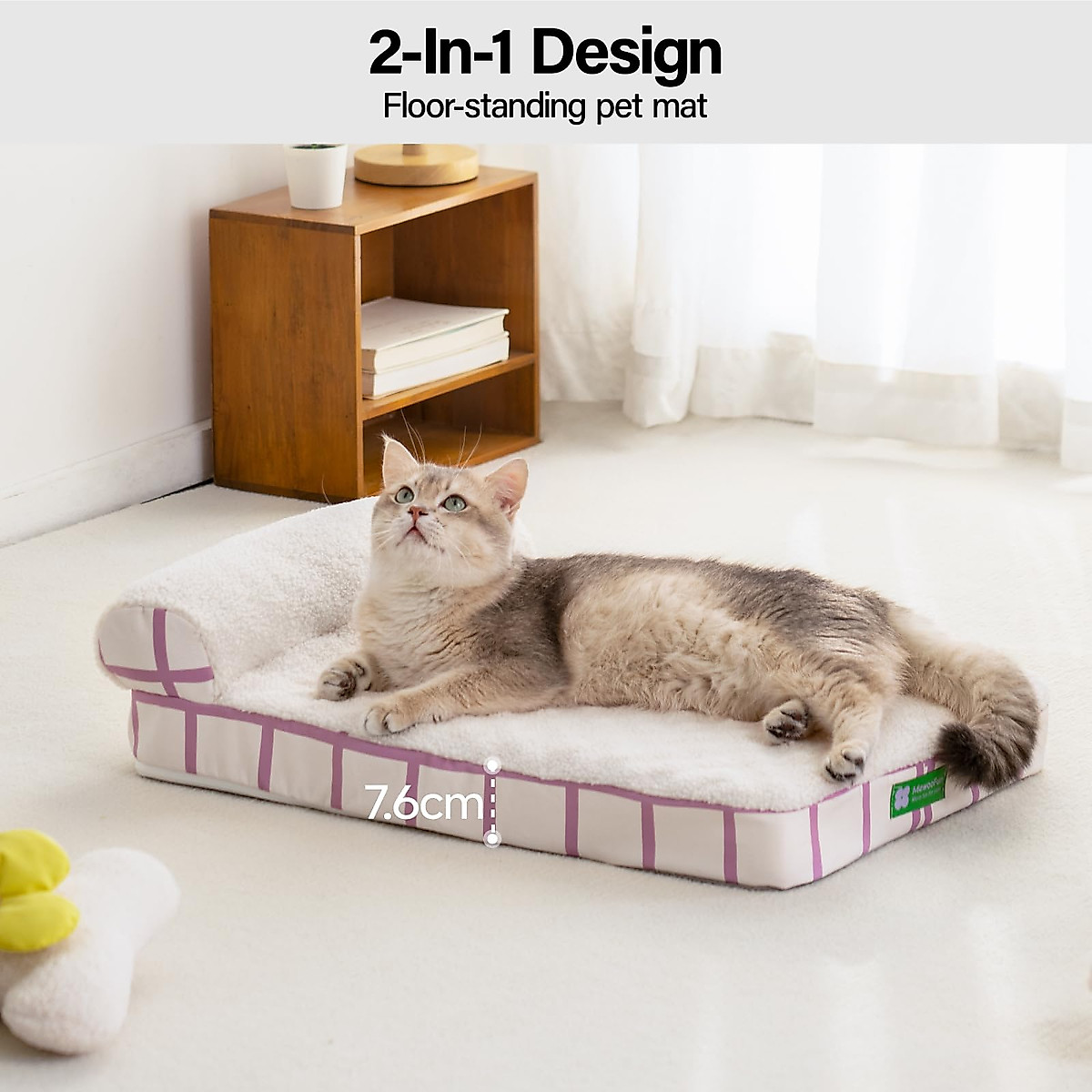 MEWOOFUN Cat Couch Bed, Modern Elevated Cat Bed with Nonskid Bottom, Orthopedic Pet Sofa Bed with Removable Washable Cover, Wooden Pet Furniture for Kitty Puppy, Purple & White