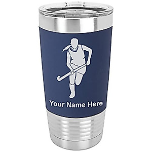 LaserGram 20oz Vacuum Insulated Tumbler Mug, Field Hockey Woman, Personalized Engraving Included (Silicone Grip, Navy Blue)
