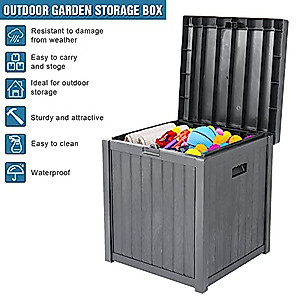 Goujxcy 51 Gallon Indoor/Outdoor Deck Box,Plastic Storage Box Waterproof Storage Container Organization for Patio Furniture,Garden Tools and Pool Toys, Storage bench seating (Wood-Look Design)