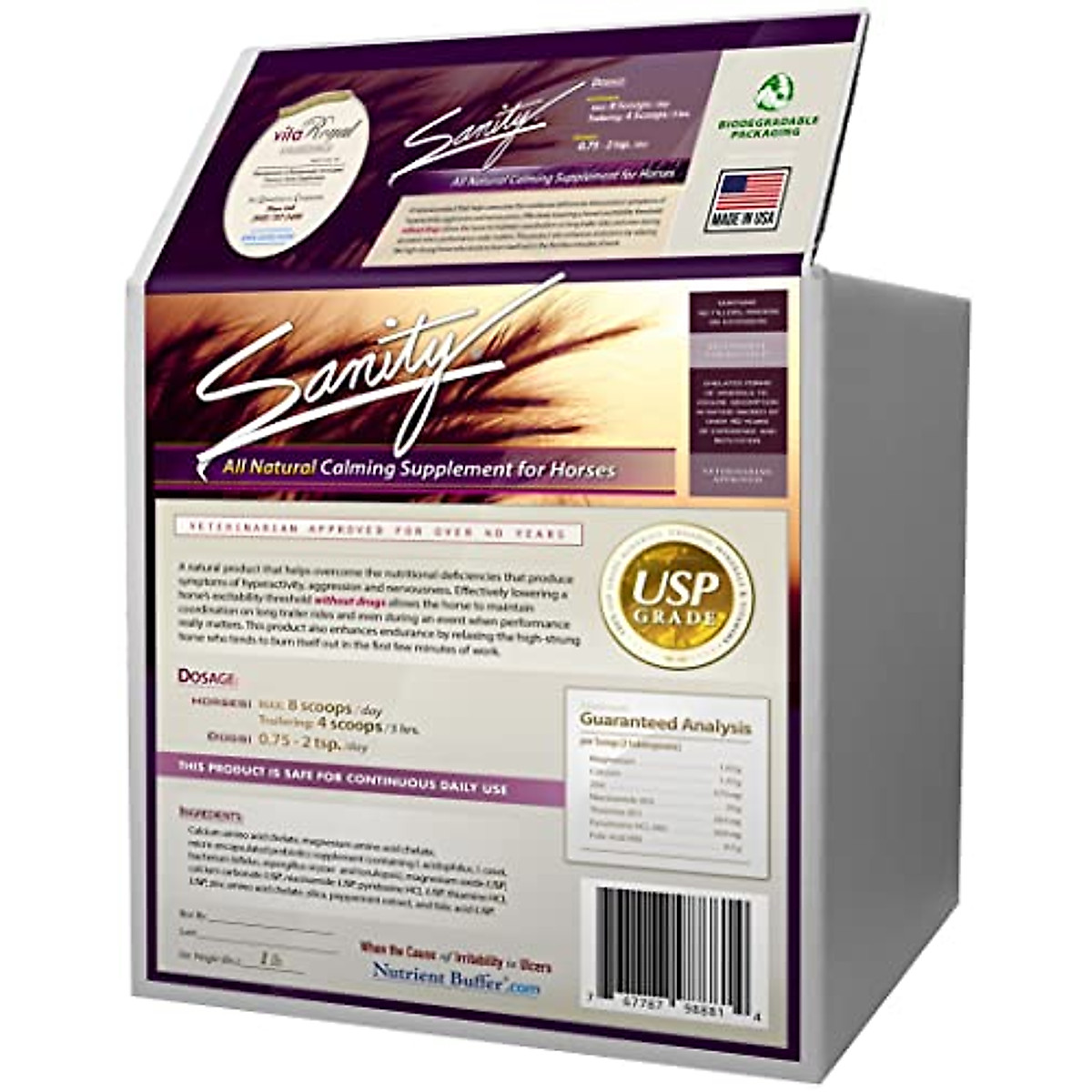 Sanity - Equine Behavioral Calming Focus Supplement for Horses - Magnesium, Calcium, Zinc, B Vitamins, Amino Acids, Probiotics, Thiamine, Folic Acid, Niacin, Peppermint