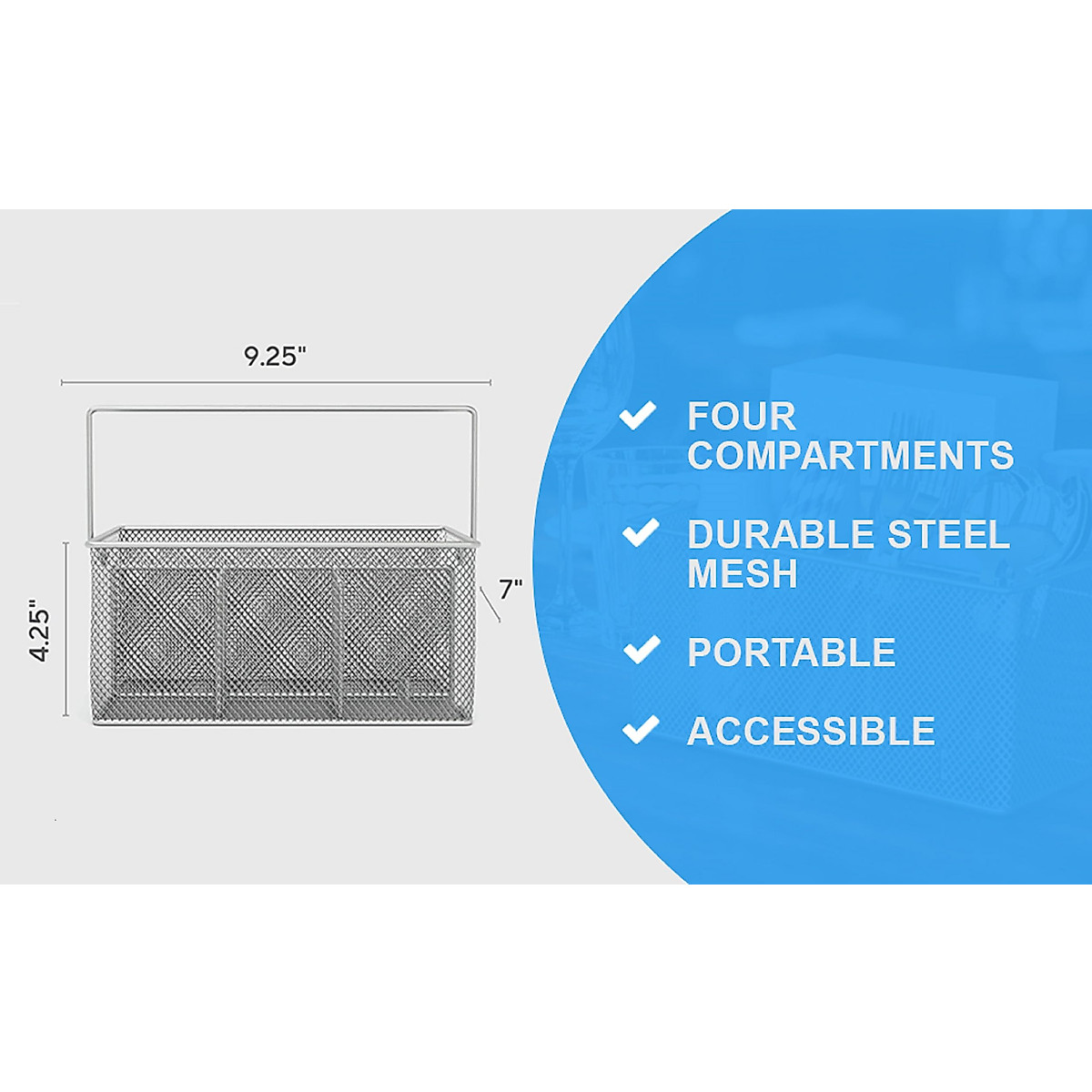 YBM HOME Mesh Basket Utensil Holder & Picnic Silverware Caddy Organizer with Four Compartments and Napkin Storage, Black