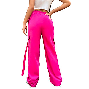 GORGLITTER Women's Drawstring Cargo Pants Flap Pocket High Elastic Waisted Baggy Pants Trousers Hot Pink Medium