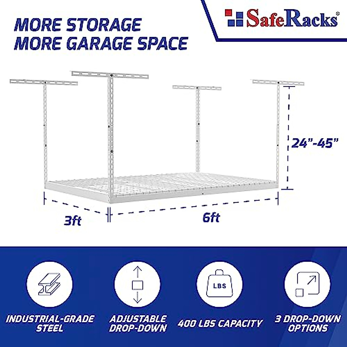 SafeRacks Overhead Garage Storage Rack - Heavy Duty Racks for Garage with 400 lb Capacity, Easy Garage Shelving, Adjustable Storage Rack, Ceiling Mount Storage Shelves 3x6 White (24"-45")
