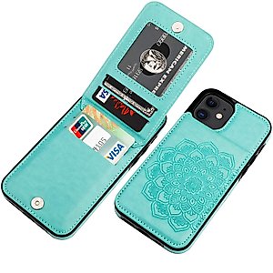 Vaburs Compatible with iPhone 12 and iPhone 12 Pro Case with Wallet Card Holder,Embossed Mandala Pattern Flower PU Leather 4 Card Slots Kickstand Shockproof Flip Cover 6.1 Inch(Green)