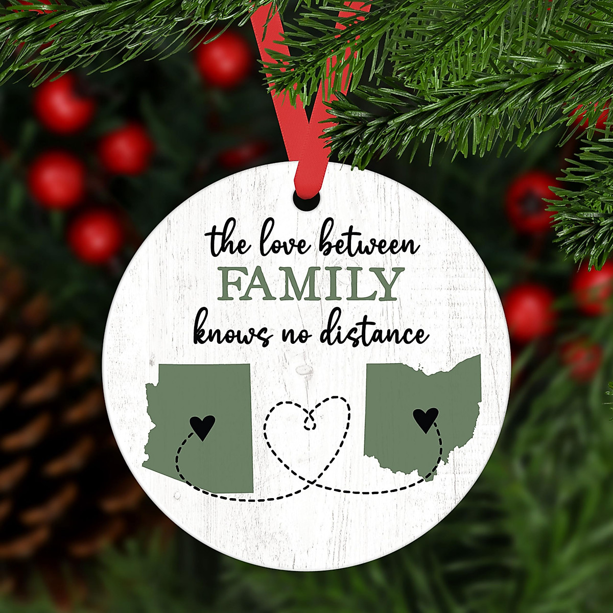 CANARY ROAD Two State Long Distance Family Ornament | State to State Christmas Gift | Personalized Christmas Ornament | Moving Away Gift | Mothers Day