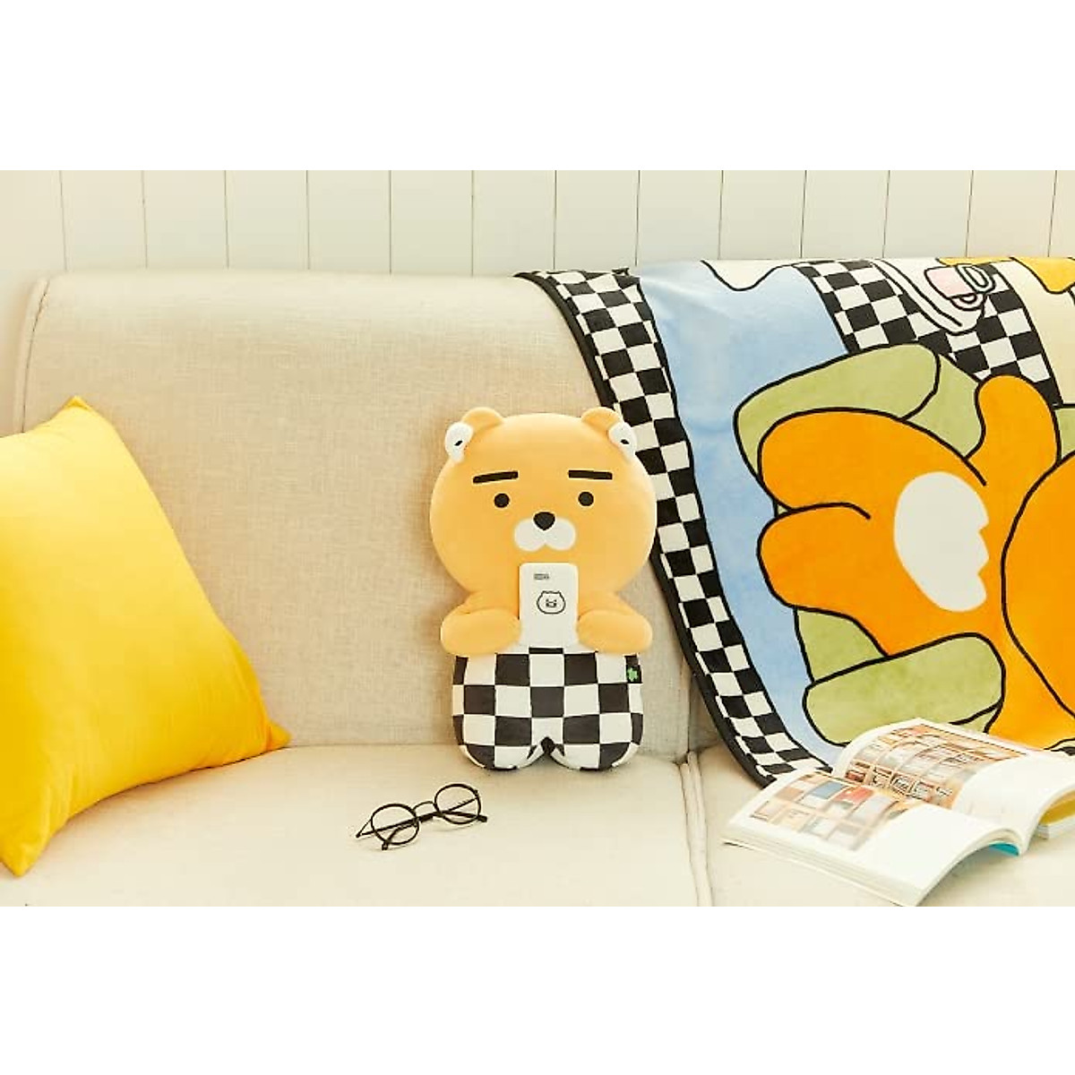KAKAO Official Merchandise-Checkerboard Pattern Flat Pillow Cushion_Ryan in Checkerboard Pattern Pants and Choonsik in Half Black (Ryan 15.7 inch)