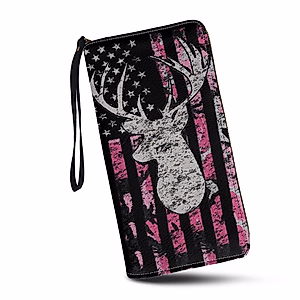 Wideasale Pink Camo Deer Hunting Wallets for Women American Flag Wristlet Leather Long Clutch Purse Zip Around Credit Card Phone Holder Organizer Coin Money Pouch