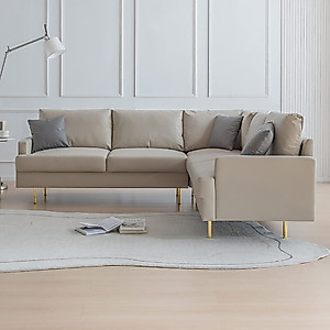 WILLIAMSPACE 89.8" Sectional Sofa Couch for Living Room, Modern Leather L-Shaped 5 Seat Sofa Corner Couch with Pillows, Upholstered Sofa with Gold Metal Legs for Home Office (Technical Leather, Beige)