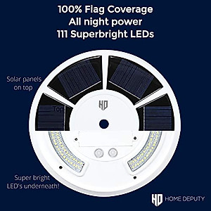 HOME DEPUTY Solar Flag Pole Light - Solar Flag Light - 111 led - Brightest Outdoor flagpole Light for Most in-ground flagpoles - Dusk to Dawn Lighting Power - Pole Topper - Rechargeable Battery
