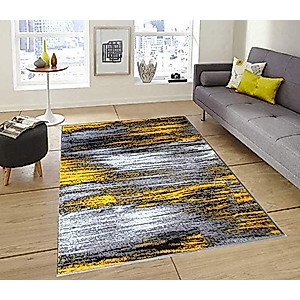 Champion Rugs Modern Contemporary Rugs for Living Dining Room Abstract Brush Stripes Yellow Grey Black Area Rug (5’ 3” X 7’ 5”)