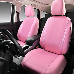 CAR PASS Bling Car Seat Covers, Shining Rhinestone Waterproof Faux Leather Pink Car Accessories Two Front Only Universal Fit Auto Glitter Crystal Sparkle Strips for Cute Women Girl, Pink Diamond