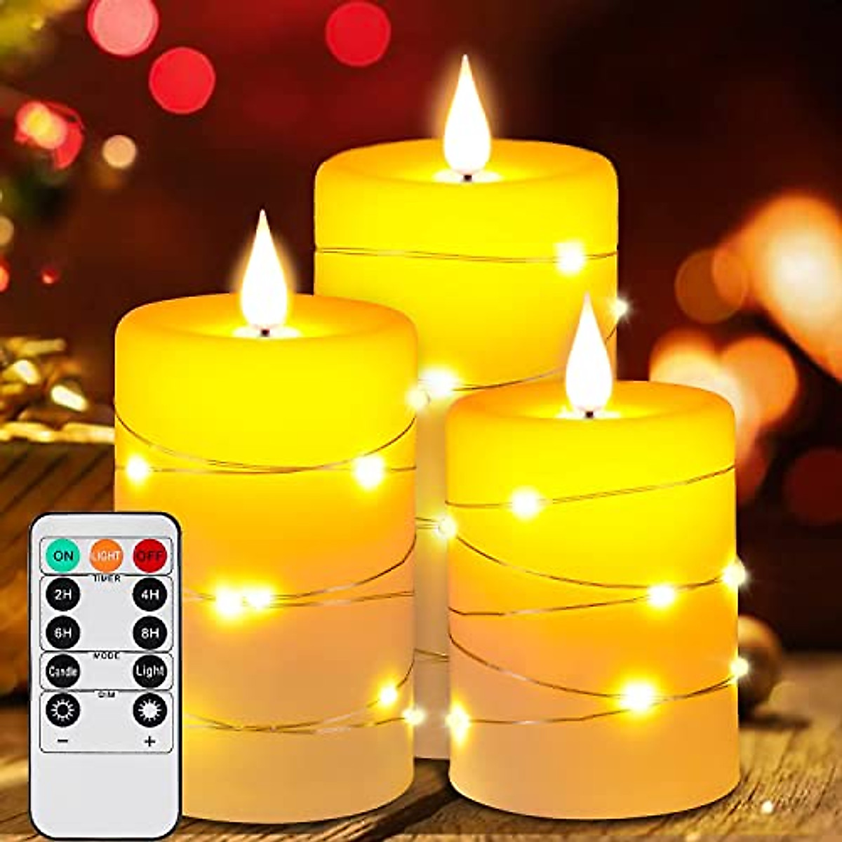 Won't Melt Flameless Candles,with Starry String Lights, Waterproof，Outdoor Indoor Battery Operated LED Candles with Remote Timers, Moving Flame, Ivory Paraffin Plating Plastic, Set of 3