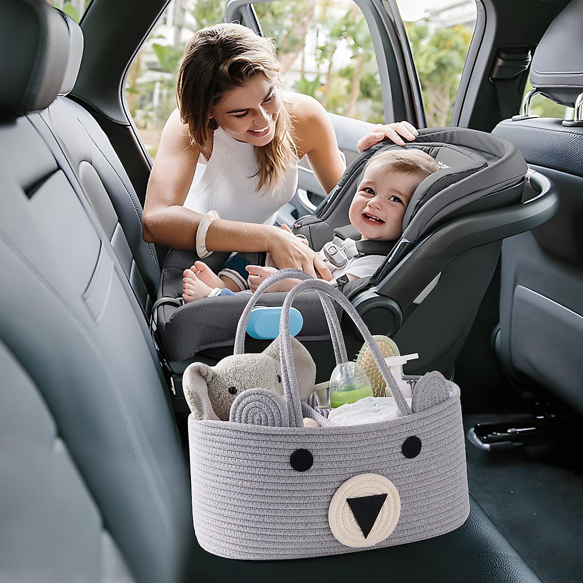 InfiBay Baby Diaper Caddy Organizer, Large Bear Cotton Rope Nursery Baby Shower Gifts, Changing Basket Table Baby Diaper Storage Portable Car Organizer, Baby Newborn Essentials-Gray