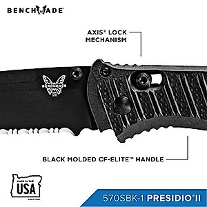 Benchmade 570SBK-1 Presidio II, Coated Finish, Serrated Edge, Drop Point Blade Knife, Made in the USA