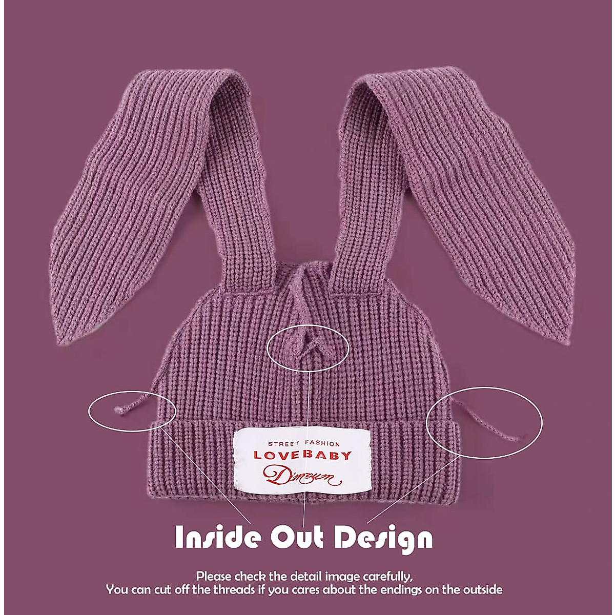 Knit Beanie Hats Cute Bunny Long Ears Funny Hat Fluffy Winter Cap Warm Knit Rabbit Crochet Skull Cap Outdoor Slouchy Hat Black