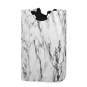ALAZA White Marble Texture Large Laundry Basket, Collapsible Oxford Fabric Laundry Hamper, Foldable Clothes Tote Bag, Bin Storage Organizer with Handles