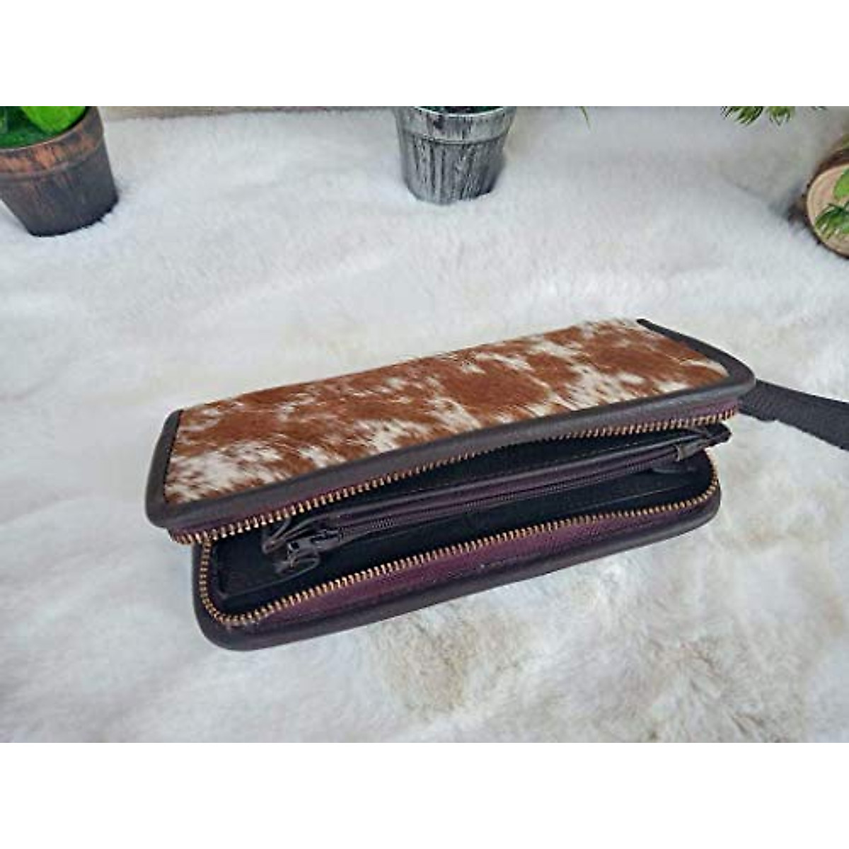 Womens Zipper Wristlet Clutch - Brown Cow Hide Cow Skin Leather Hand Clutch Zip Phone Wallet Clutch Card Case 8' X 4' - Gift for her