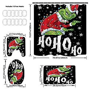 Merry Christmas Bathroom 4-Piece Set, Shower Curtain, Non-Slip Rug, Toilet Seat Cover and Bath Mat Grinch Christmas Holiday Bathroom Decor with Hooks 72 x 72 inches (Bathroom Sets2)