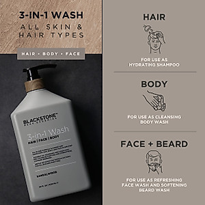Blackstone 3-in-1 Wash for Men | Cleanse & Condition Hair, Body, & Face | All Skin & Hair Types | Coconut Oil & Vitamin B5 - Sandalwood (32 ounces)