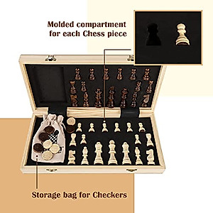 ropoda Magnetic Chess Set, 15" Folding Wooden Chess Board with Foam Storage Slots, Unique Chess Set for Kids and Adults, Portable and Foldable Wooden Board Game & Checkers Game, Including Extra Queens