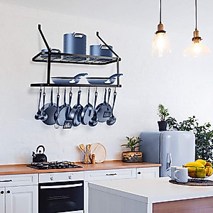 ROTTOGOON Wall Mounted Pots and Pans Rack, 2 Tier Pot and Pan Organizer 30 Inch Wall Pot Rack with 12 Hooks Kitchen Rack Organizer