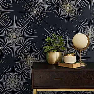 NextWall Starburst Geo Mid Century Peel and Stick Wallpaper (Midnight Blue & Metallic Gold)