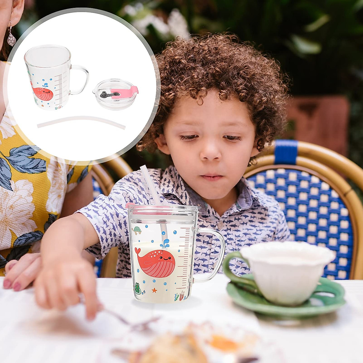 VOSAREA Decor 350ml Cartoon Glass Milk with Straw and Scale Whale Water Glass Mug Animal s Coffee Tea Juice Beverage Containers Cup