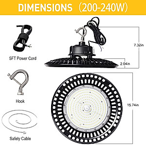 OSTEK 480V UFO LED High Bay Light, 200W 5000K Durable High Bay LED Shop Light 32000LM 0-10V Dimmable, 5ft Cord US Hook, Factory Warehouse Workshop Light, IP65 Waterproof- ETL&DLC Certified