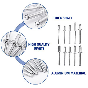 386pcs 8 Sizes Aluminum Blind Rivets, Pop Rivets Assortment Kit (1/8'' x 1/4'', 1/8'' x 5/16'', 1/8'' x 3/8'', 1/8'' x 1/2'', 3/16'' x 5/16'', 3/16'' x 3/8'', 3/16'' x 1/2'', 3/16'' x 5/8'')